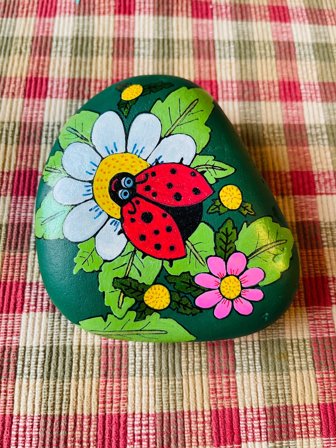 Ladybug on Flower Painted Rock SEALED With Sparkle and Shimmer - Etsy