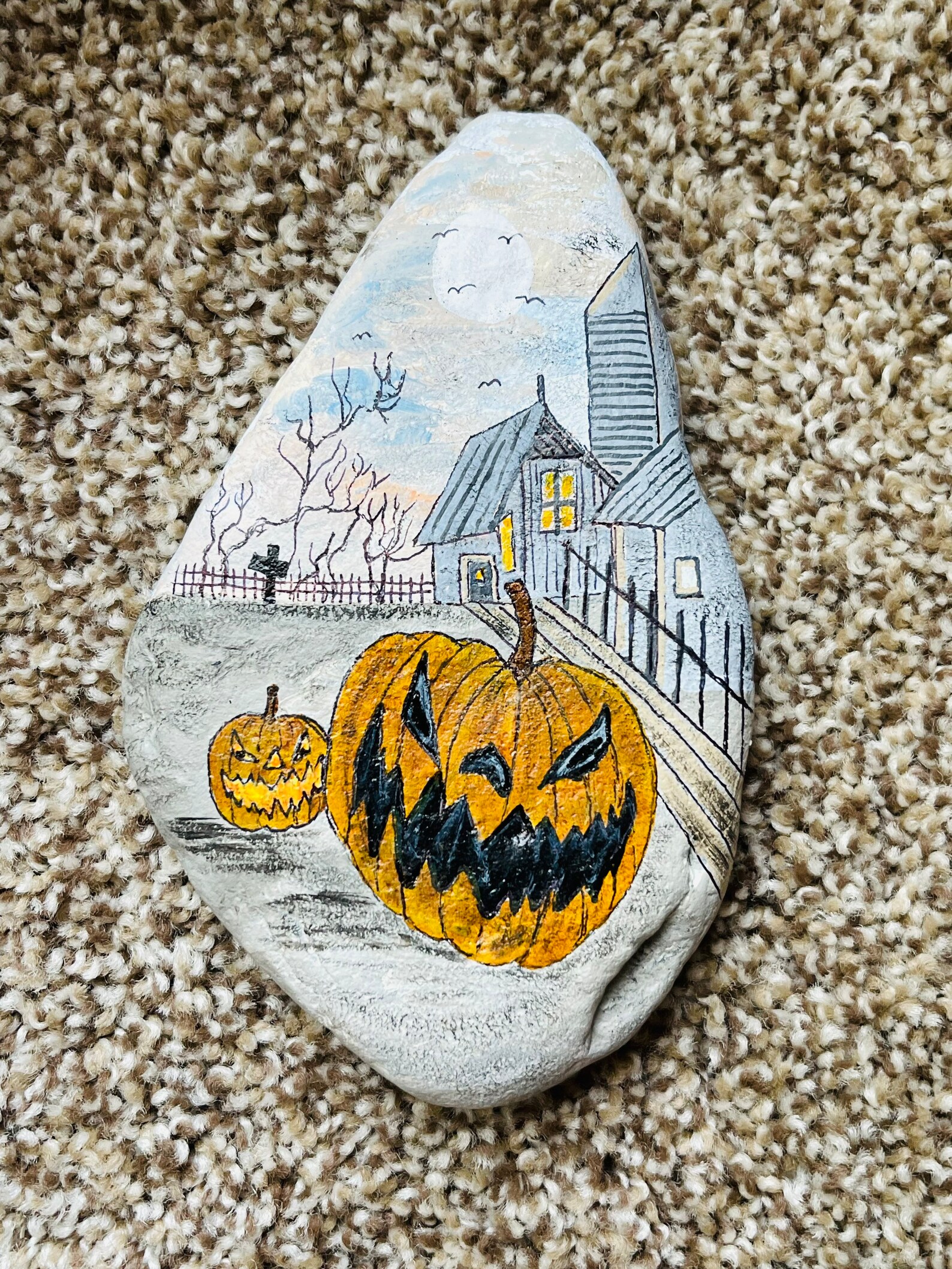 Spooky Halloween Painted Rock on Old Farm With Pumpkins SEALED - Etsy