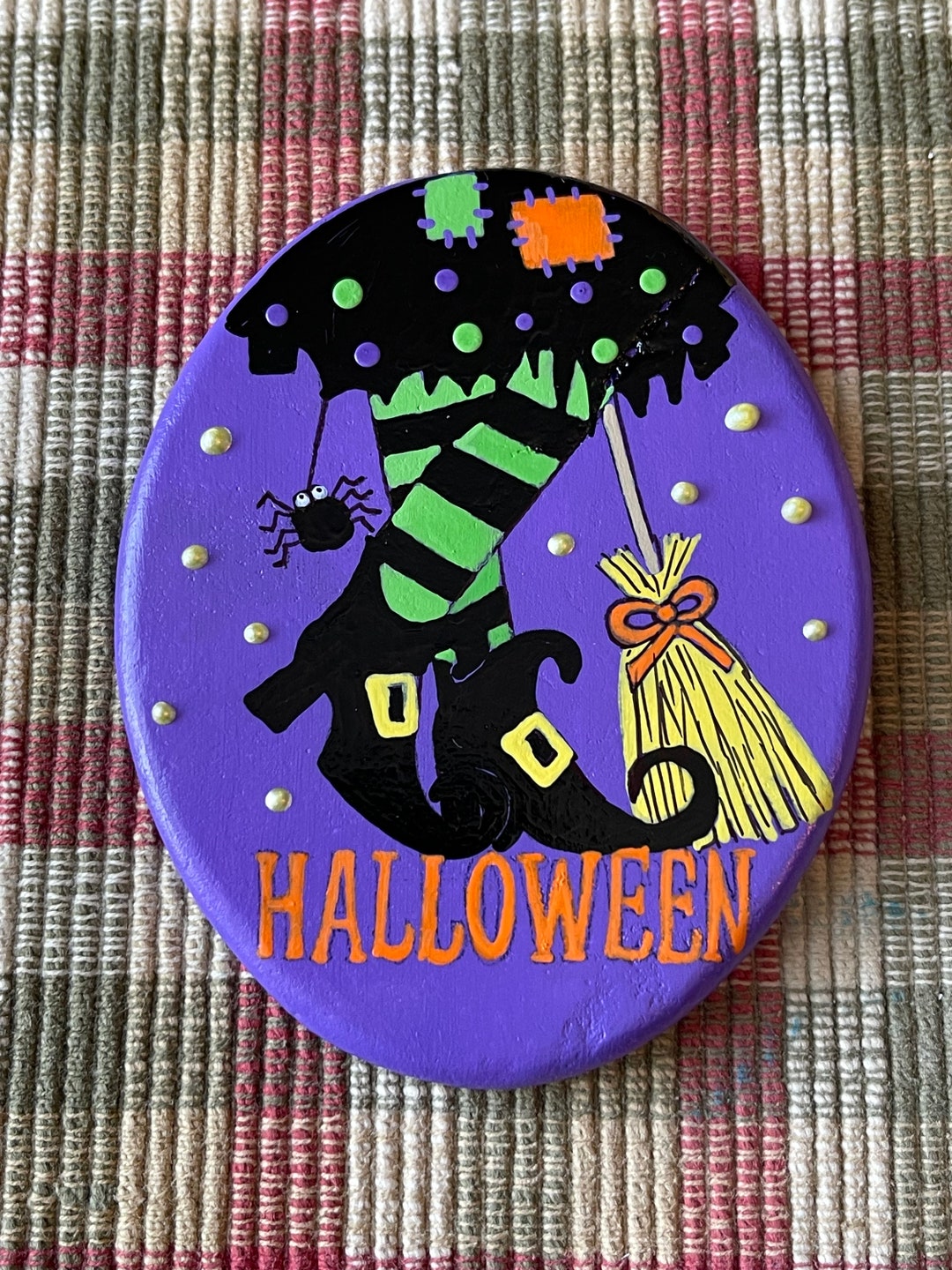 Halloween Witch’s Legs Painted Rock With Broom and Spider SEALED - Etsy