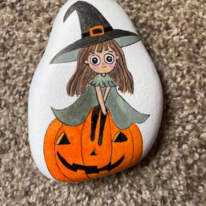 Quirky Witch Painted Rock SEALED Sitting on Pumpkin - Etsy