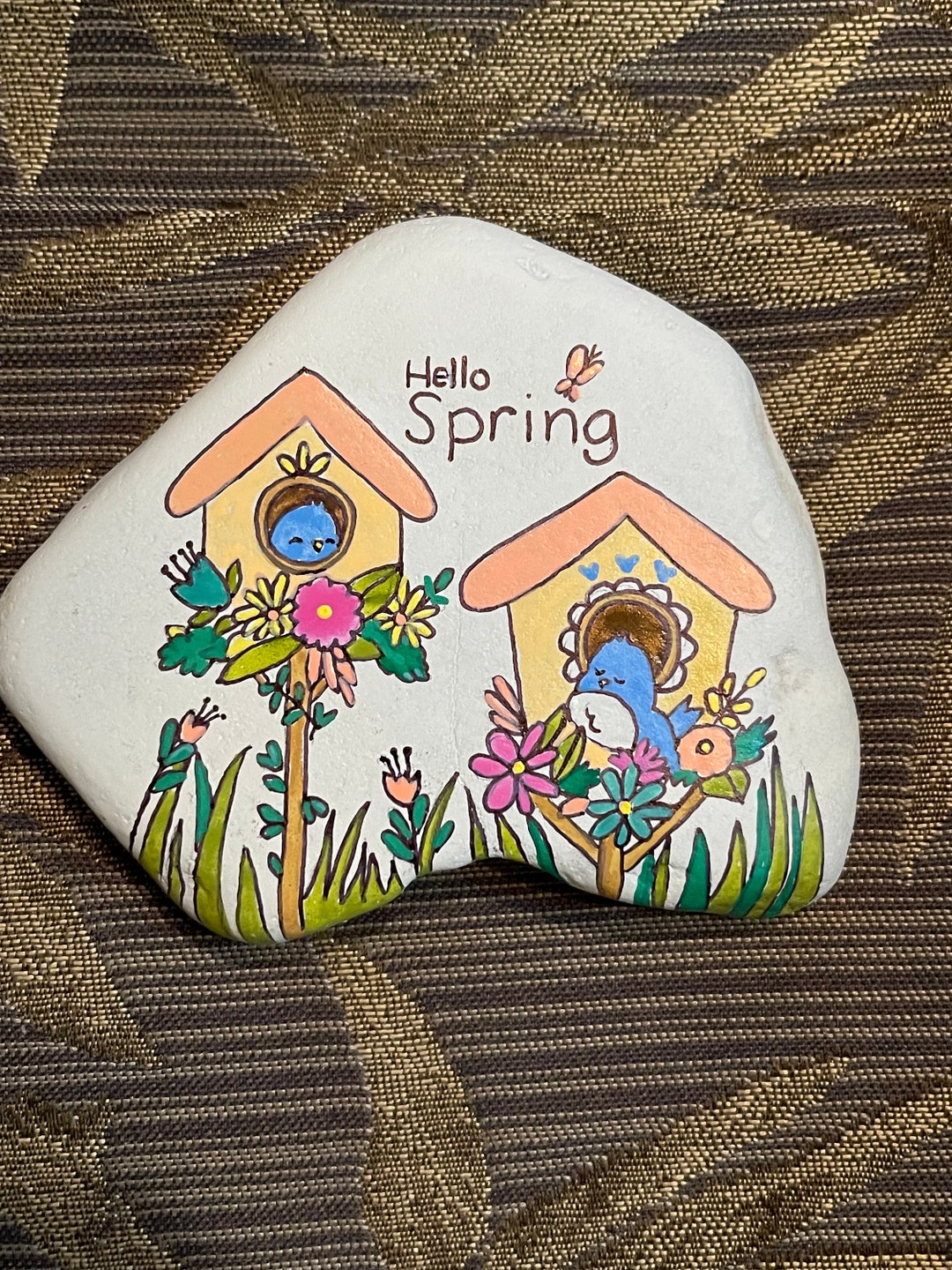 Hello Spring Painted Rock - Birds in Garden - SEALED Painted Rocks - Etsy
