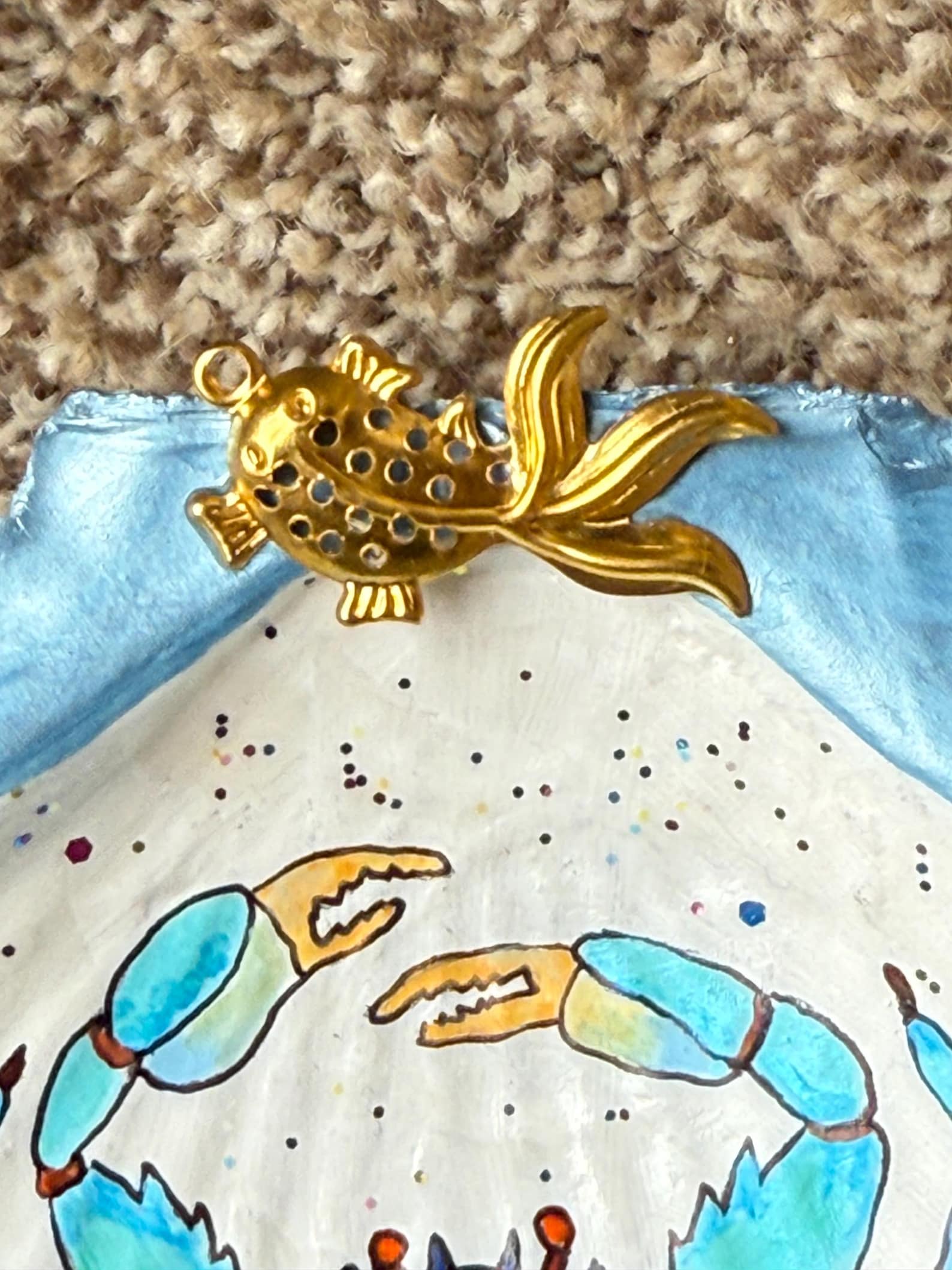 Blue Crab Hand Painted Scallop Seashell 2 Sided With 3D Gold Tone Fish ...
