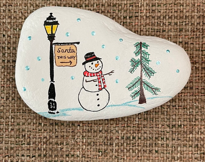 Snowman Painted Rock With Santa This Way Sign SEALED - Etsy