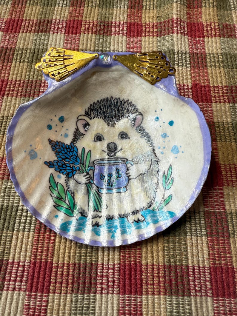 Tea Drinking Hedgehog Hand Painted Scallop Seashell With 3D ...