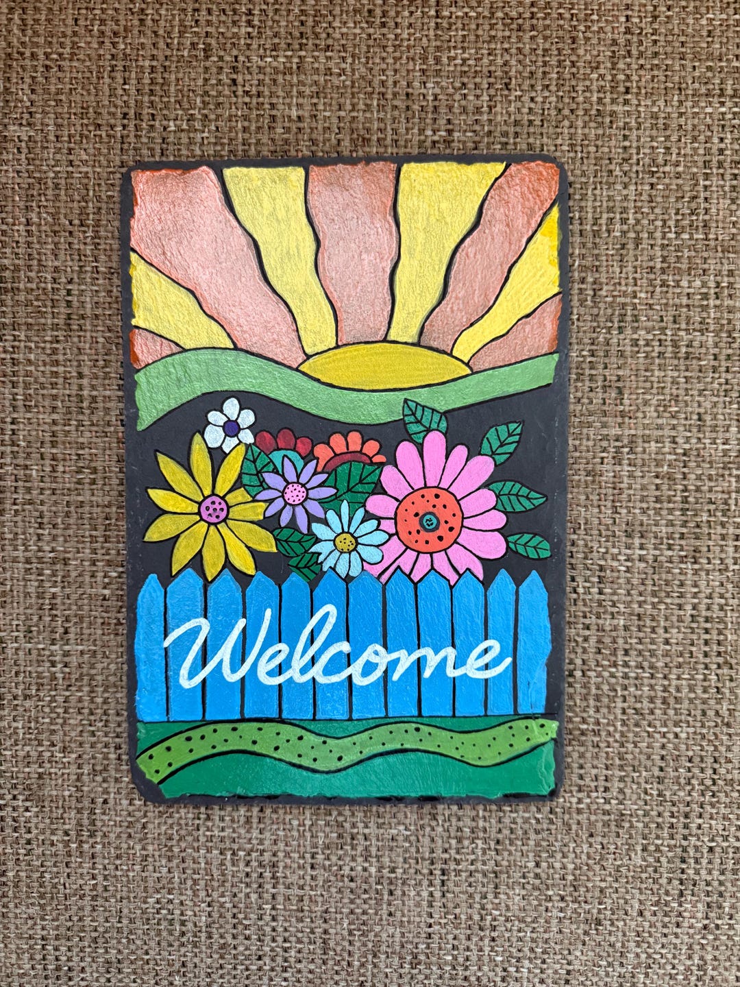 Welcome Slate Sign - Hand Painted Sun and Flowers SEALED Indoor/outdoor ...