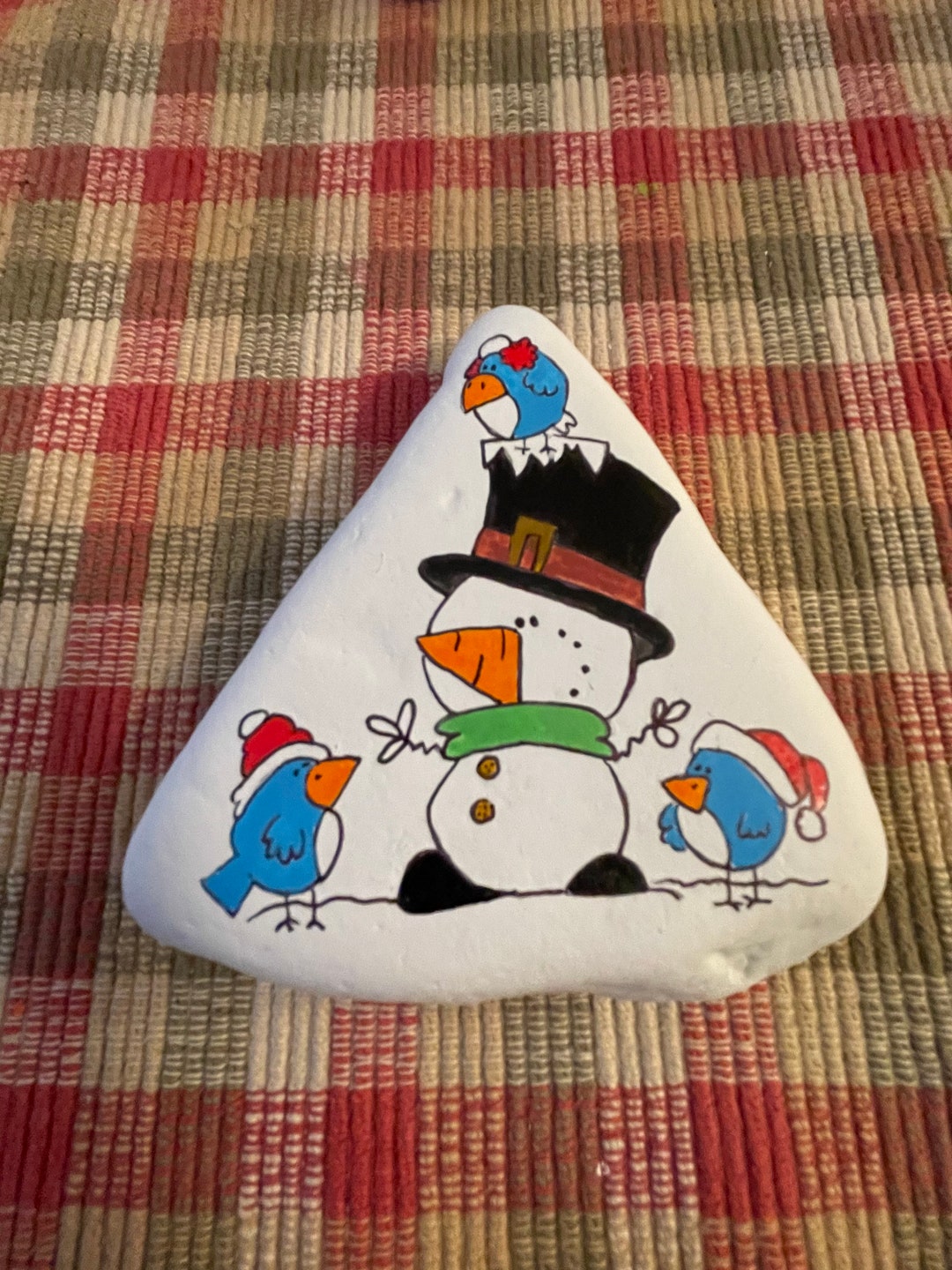 Snowman Painted Rock With Bluebirds - Winter Painted Rocks - Etsy