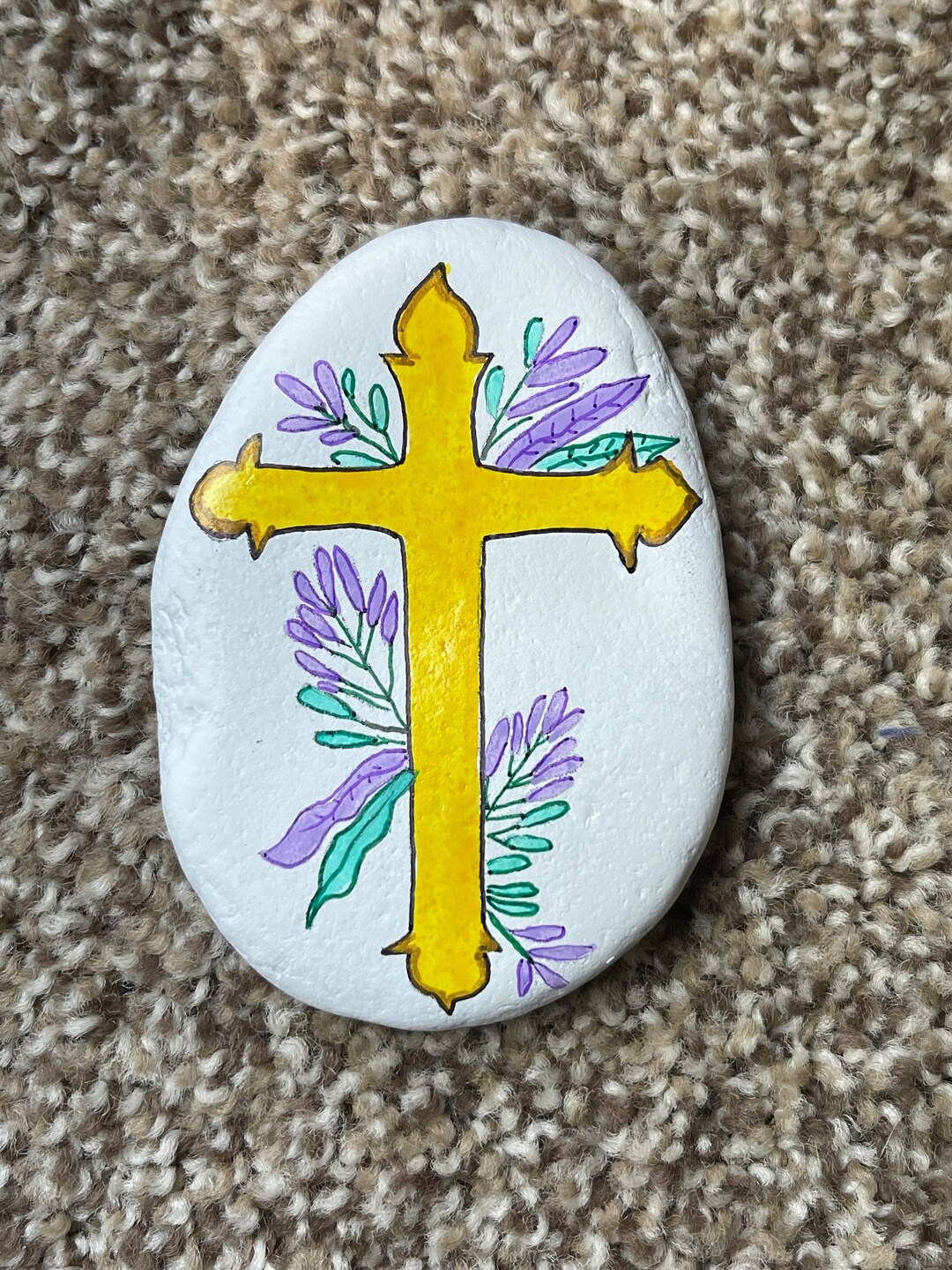 Cross Painted Rock With Purple Flowers SEALED - Etsy