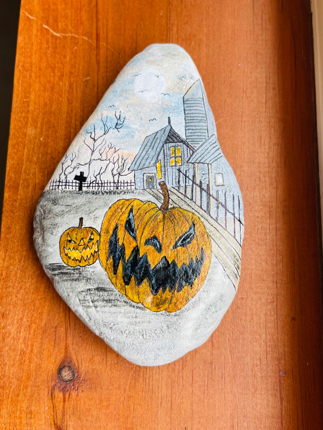 Spooky Halloween Painted Rock on Old Farm With Pumpkins SEALED - Etsy