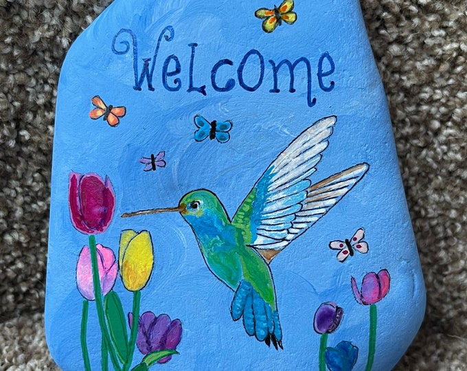 Welcome Hummingbird Painted Rock Amongst Tulips SEALED Garden Painted ...