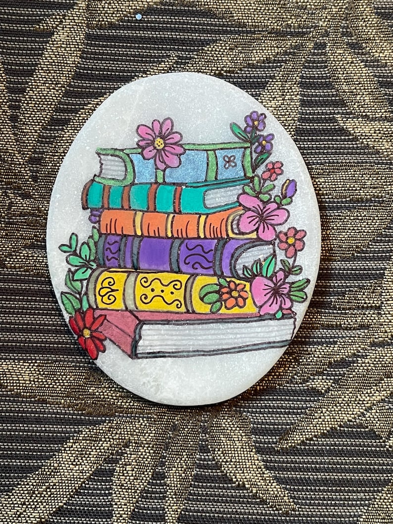 Books and Flowers Painted Rock SEALED Santorini Rock - Etsy