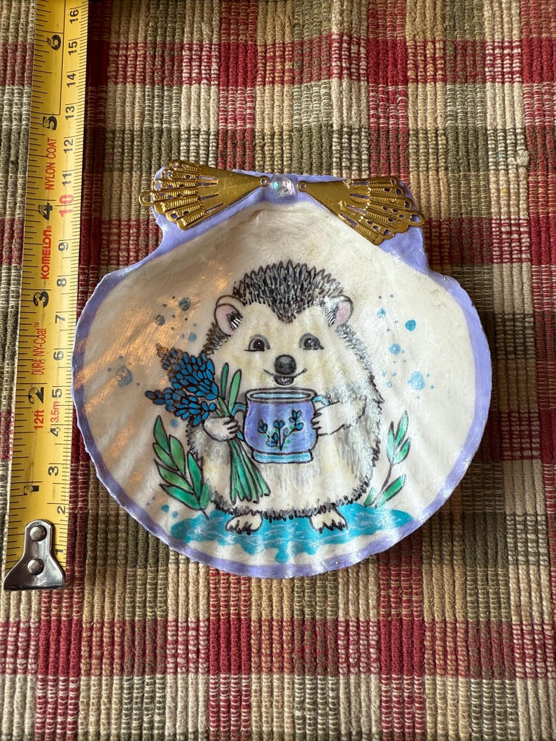 Tea Drinking Hedgehog Hand Painted Scallop Seashell With 3D ...