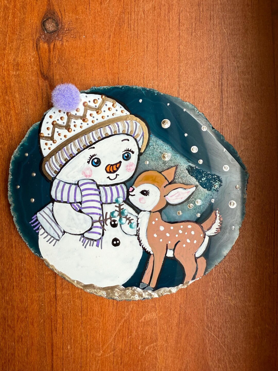 Winter Friends Snowman and Fawn Hand Painted Agate Slice SEALED 3D - Etsy