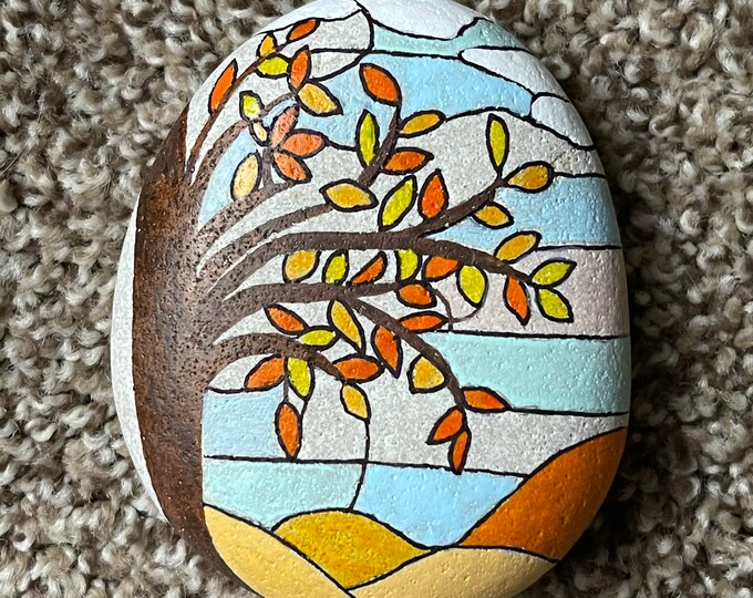Autumn Tree Painted Rock in Stained Glass Effect SEALED Fall Painted ...