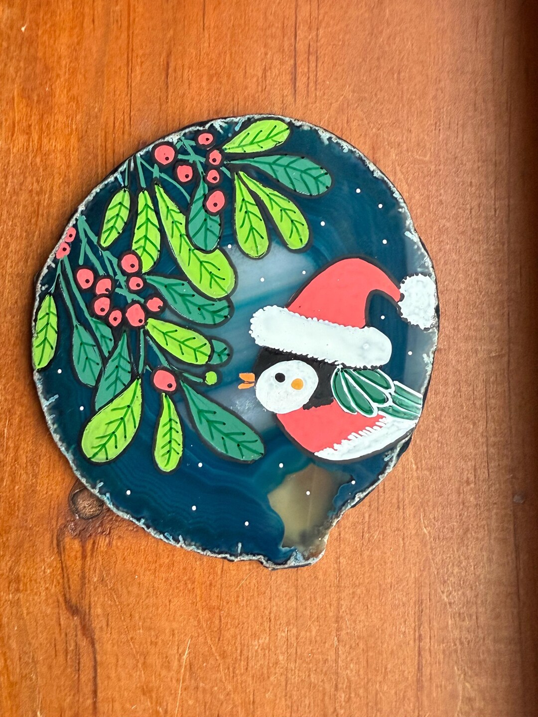 Christmas Bird and Mistletoe Hand Painted Agate Slice SEALED - Etsy