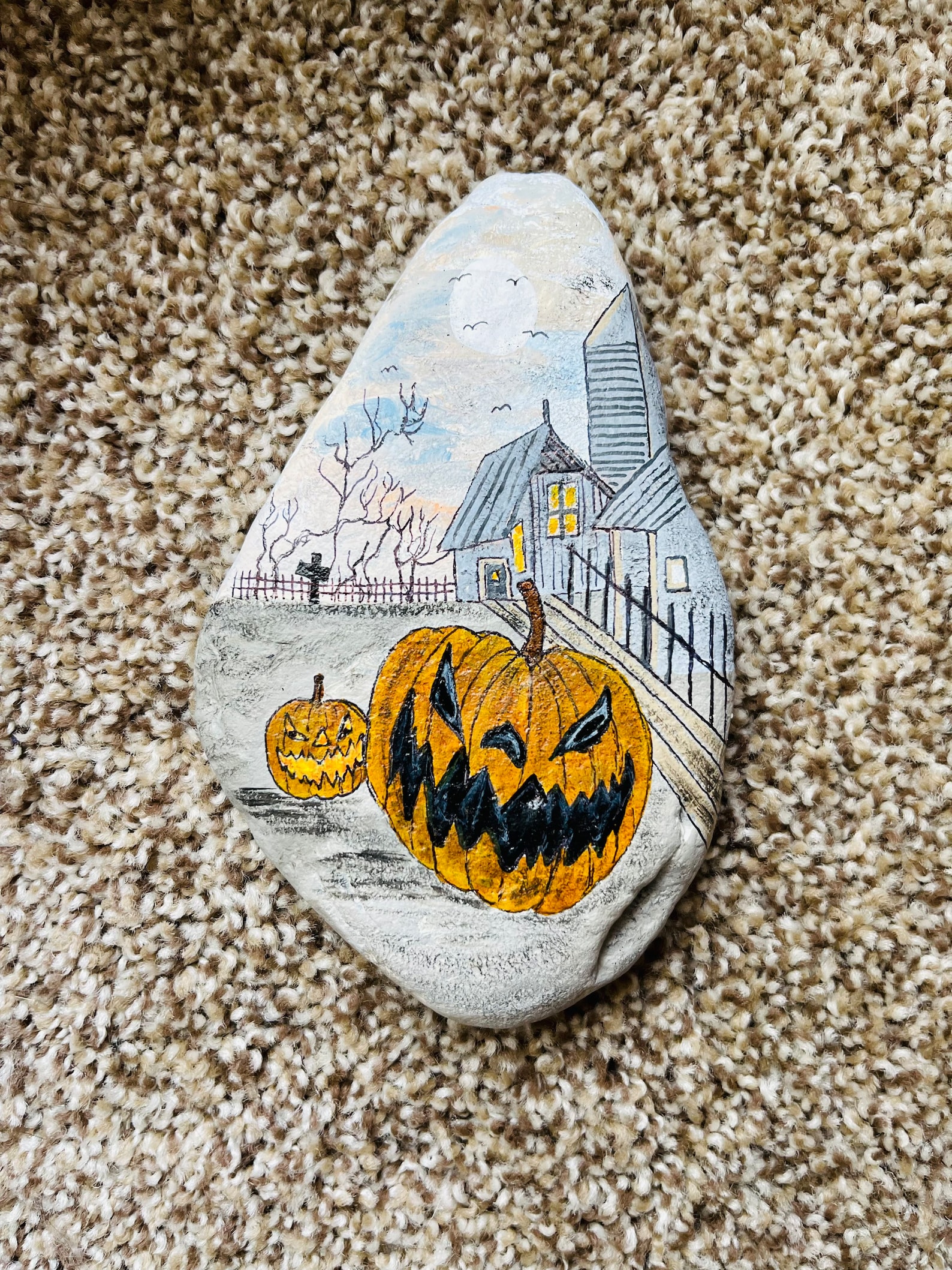 Spooky Halloween Painted Rock on Old Farm With Pumpkins SEALED - Etsy