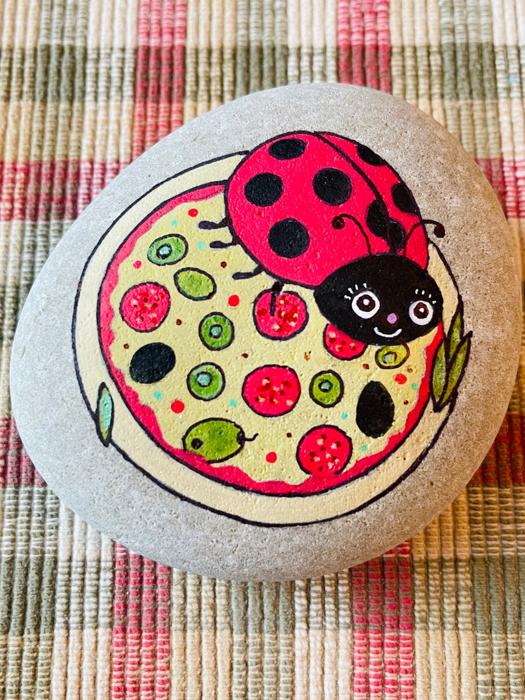 Quirky Ladybug Painted Rock on a Pepperoni Pizza! SEALED - Etsy