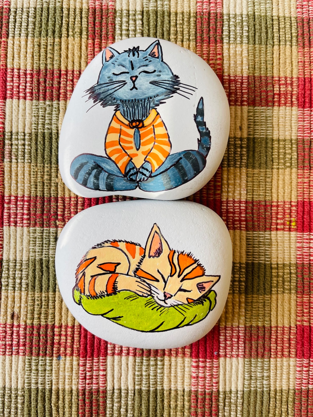 Cat Painted Rocks Set of 2 SEALED Sleeping and Yoga - Etsy