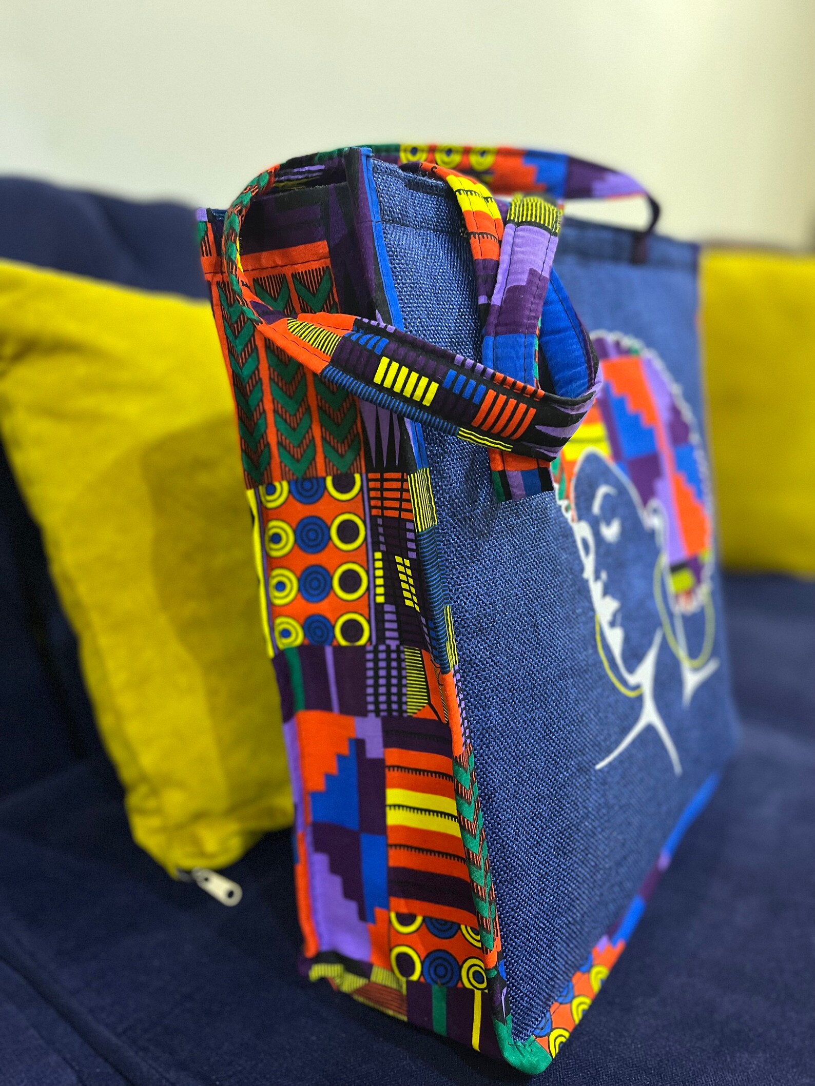 African Lady and African Print Embroidered Thick Tote Bag African Art ...