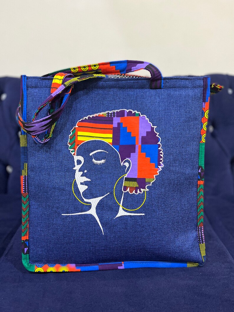 African Lady and African Print Embroidered Thick Tote Bag African Art ...