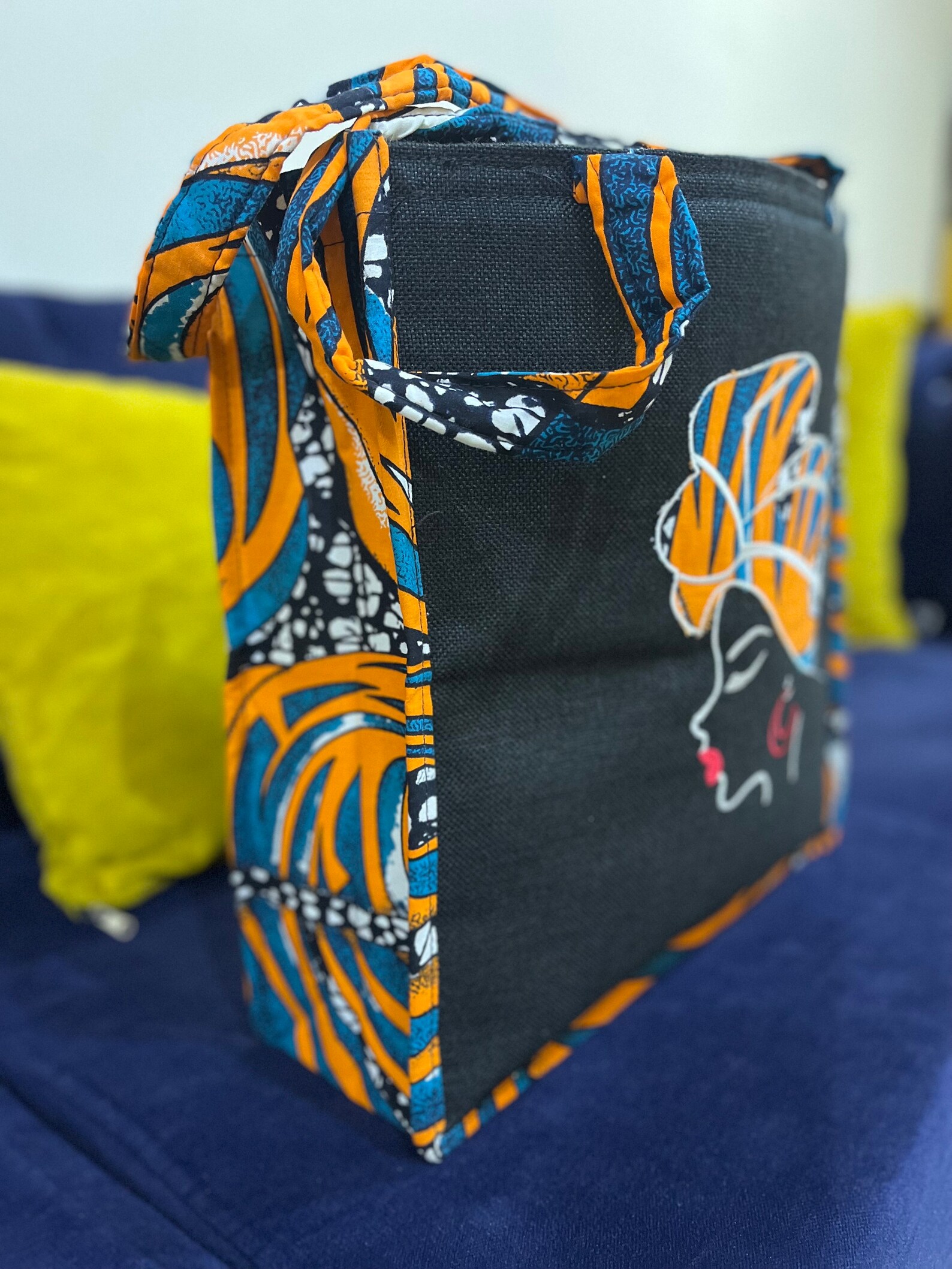 African Lady and African Print Embroidered Thick Tote Bag African Art ...