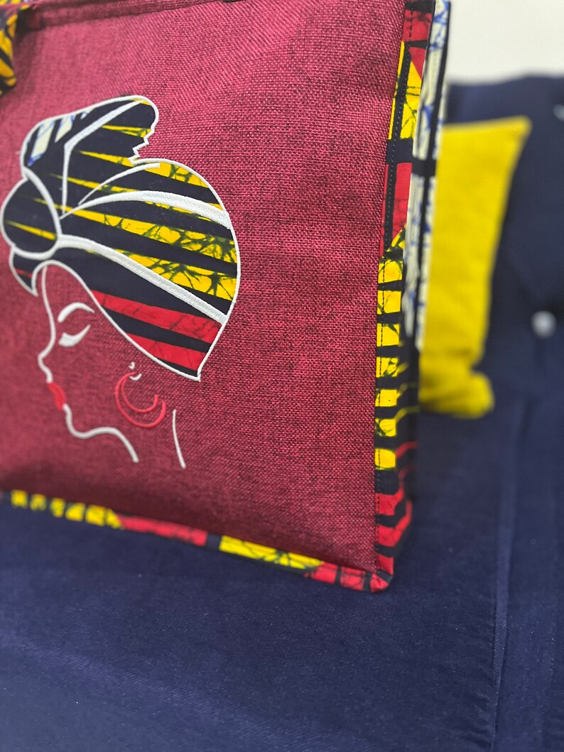 African Lady and African Print Embroidered Thick Tote Bag African Art ...