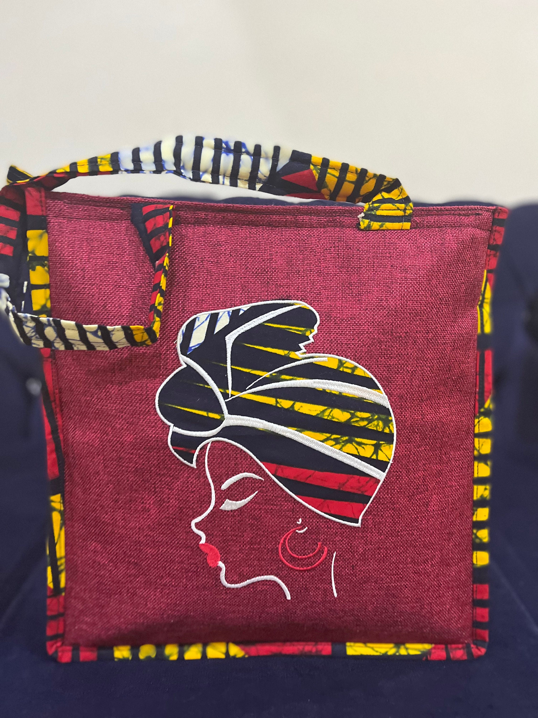 African Lady and African Print Embroidered Thick Tote Bag African Art ...