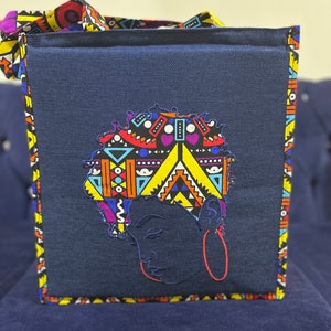 African Lady and African Print Embroidered Thick Tote Bag | African Art ...