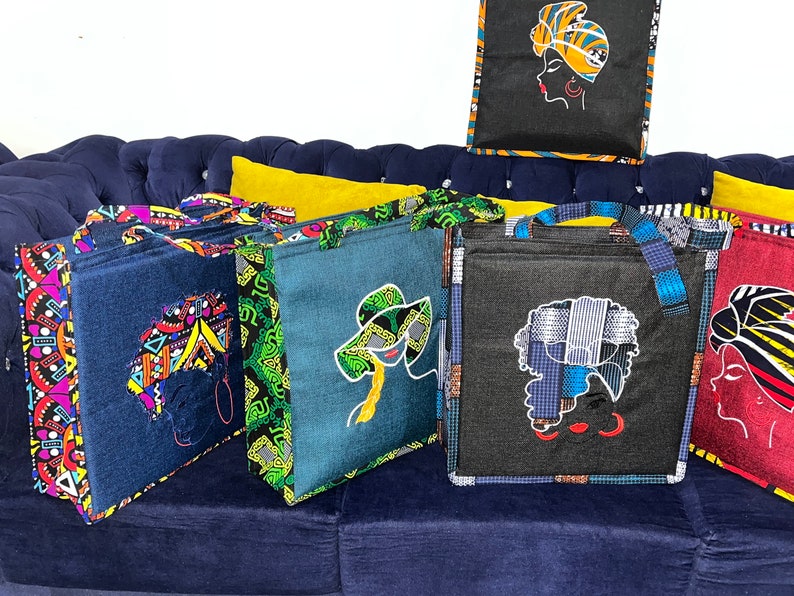 African Lady and African Print Embroidered Thick Tote Bag African Art ...