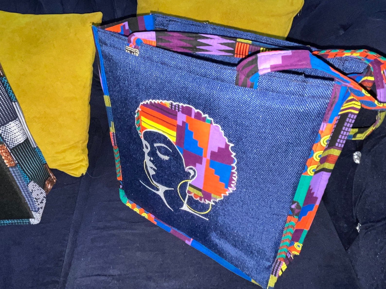 African Lady and African Print Embroidered Thick Tote Bag African Art ...