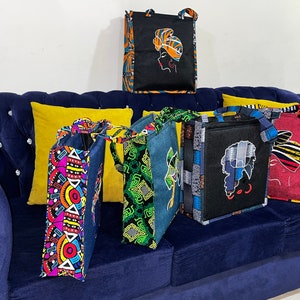 African Lady and African Print Embroidered Thick Tote Bag African Art ...