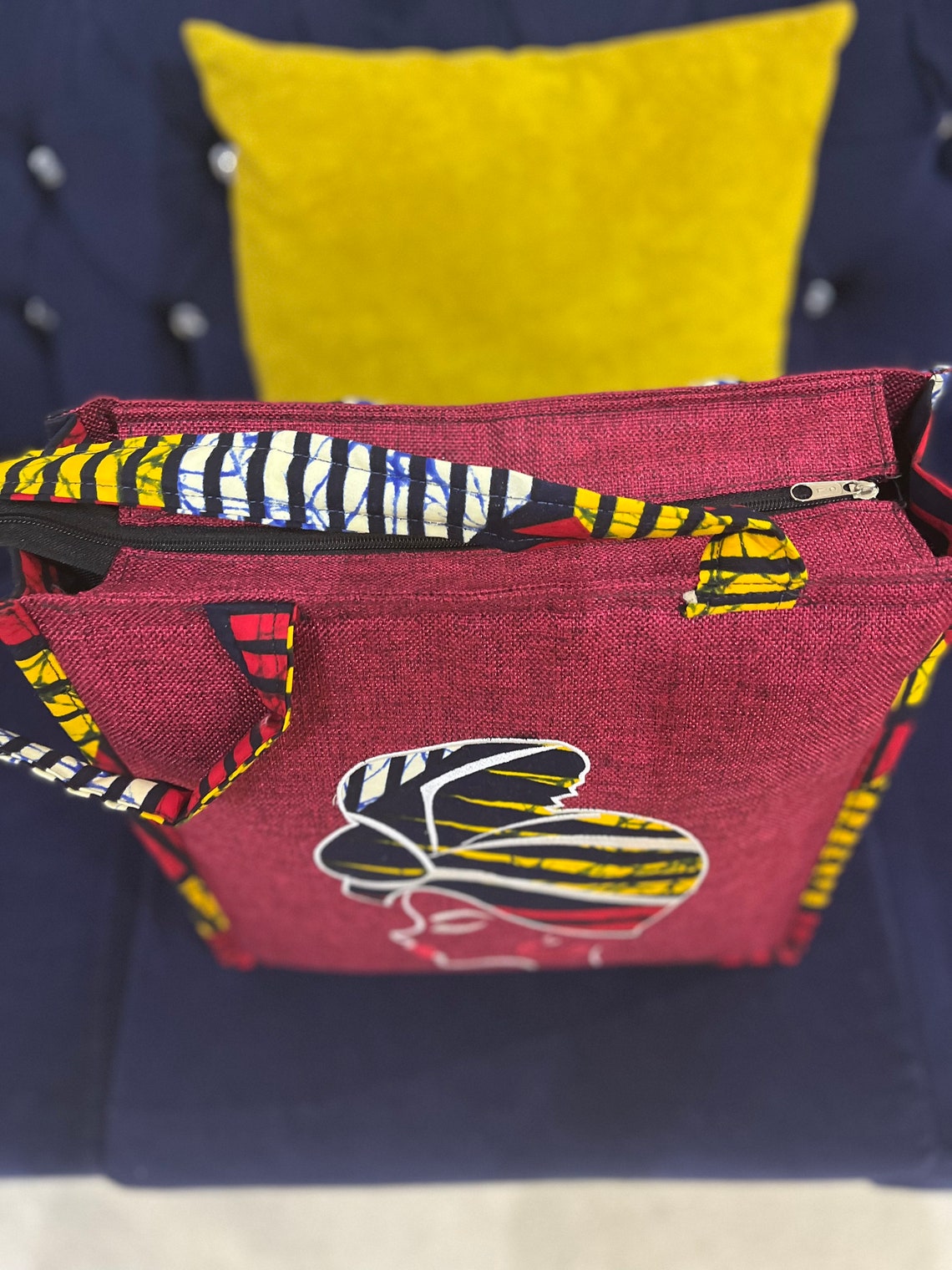 African Lady and African Print Embroidered Thick Tote Bag African Art ...