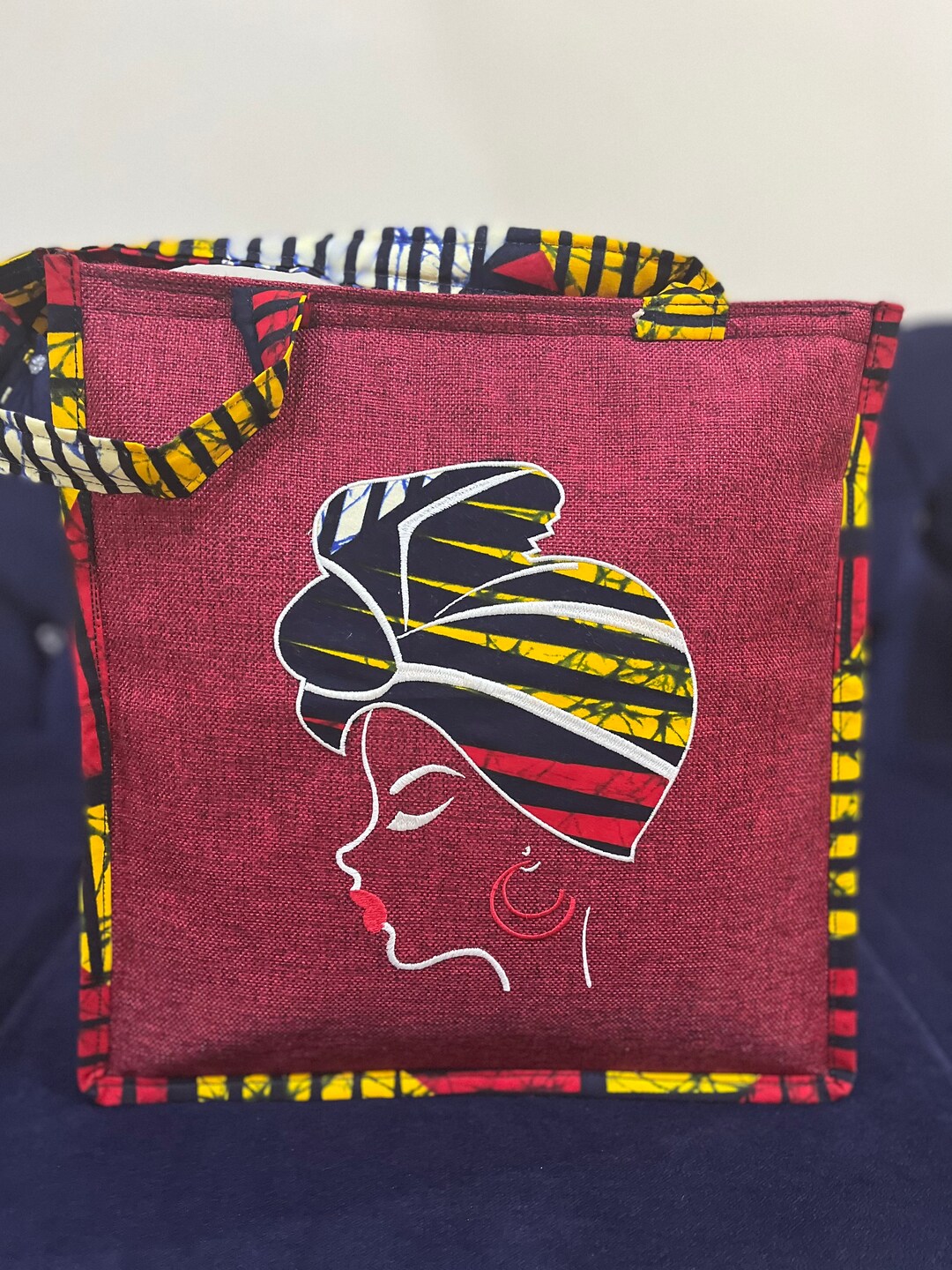 African Lady and African Print Embroidered Thick Tote Bag African Art ...