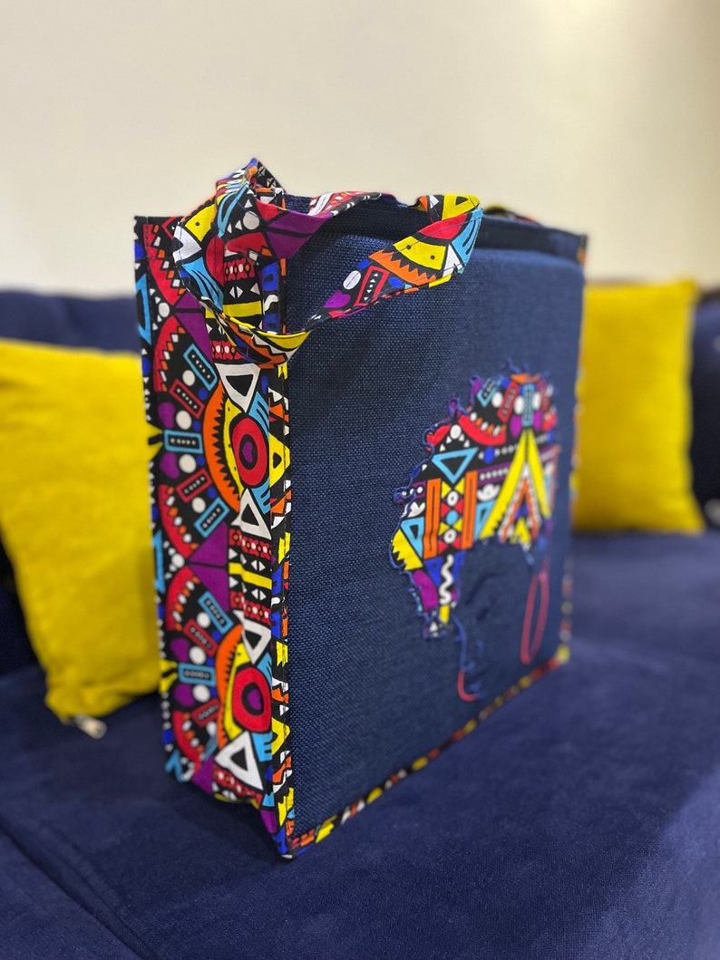 African Lady and African Print Embroidered Thick Tote Bag African Art ...