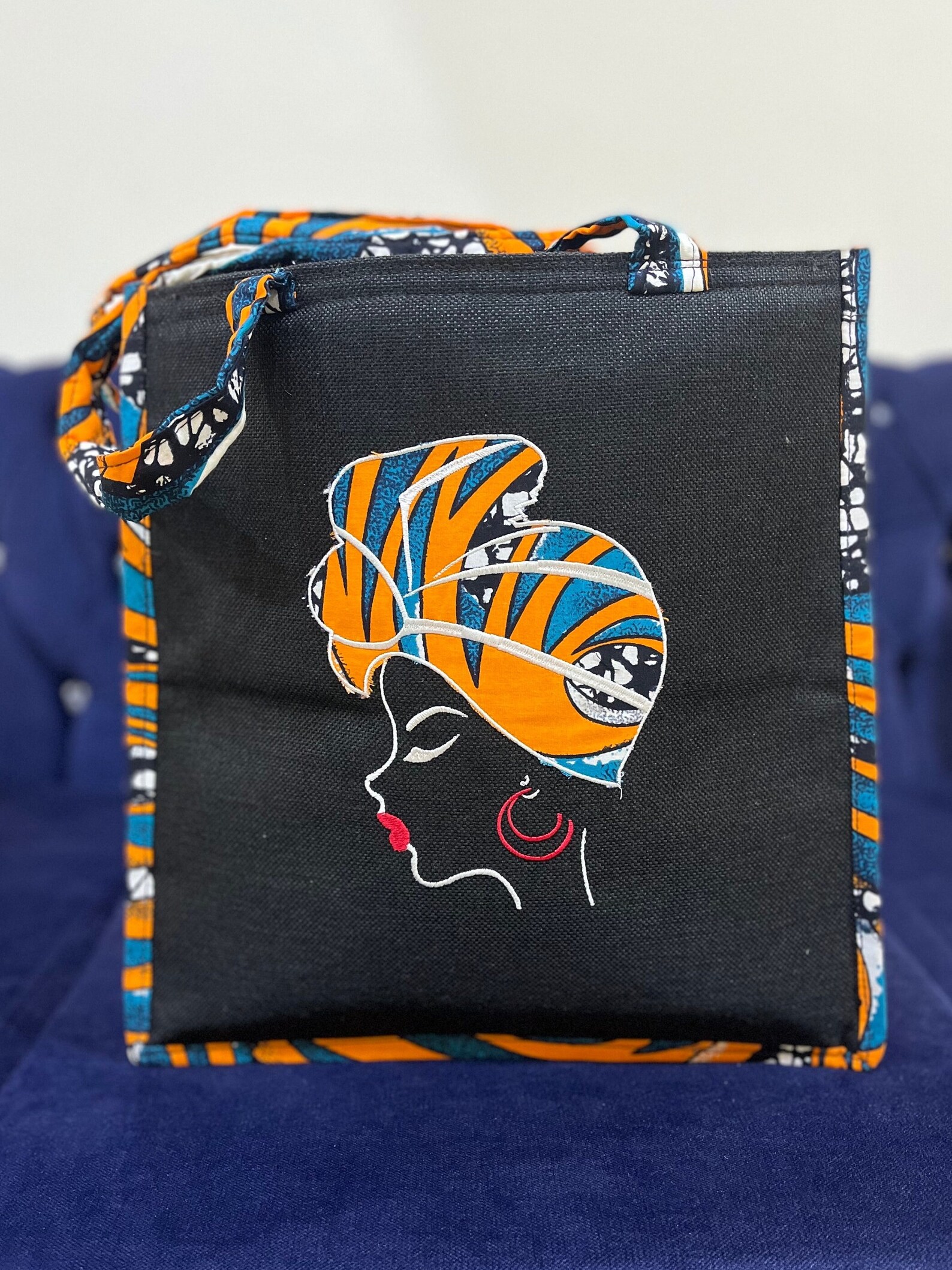 African Lady and African Print Embroidered Thick Tote Bag African Art ...