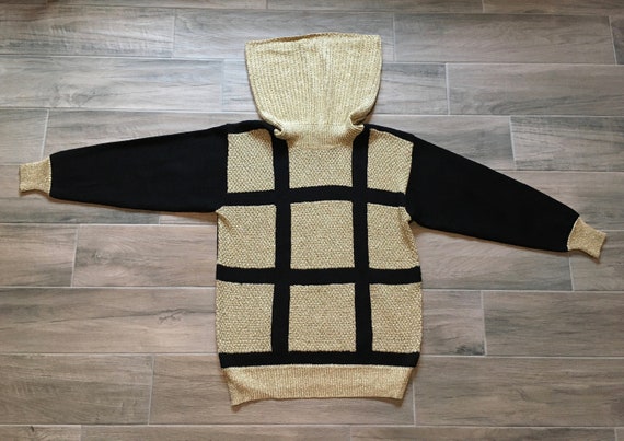 1980s Black and Gold Sweater, Vintage Wool Turtleneck… - Gem