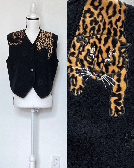 1990s Leopard Vest, Vintage Vest with Animal Theme - Gem