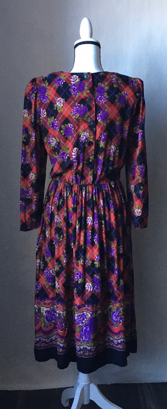 1980s Plaid and Floral Dress, Vintage MIxed Pattern D… - Gem