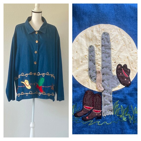 1990s Western Denim Shacket, Vintage Plus Size Cowgir… - Gem