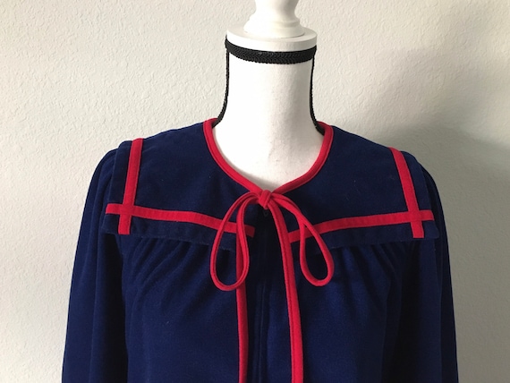 1970s Navy Velour Robe, Vintage Sailor Style Robe - Gem