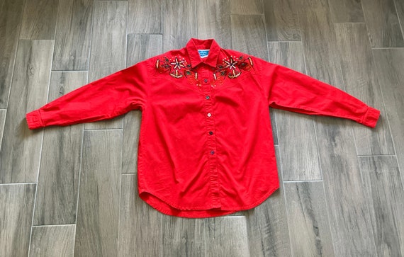 1990s Red Country Western Shirt, Vintage Sequined Cow… - Gem