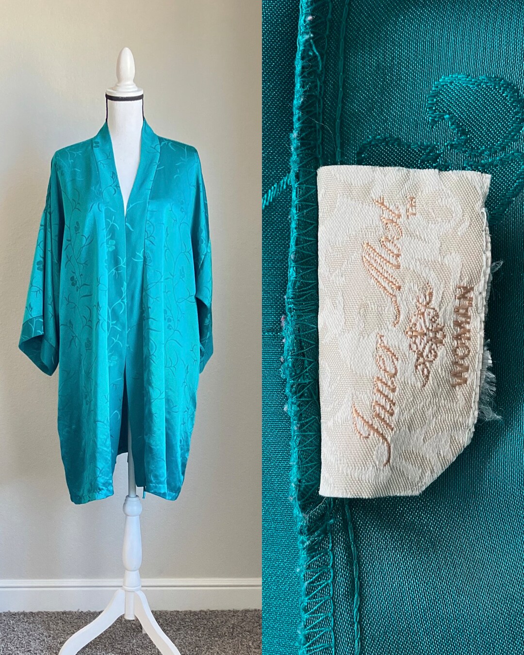 1990s Teal Satin Robe, Vintage Floral Kimono Robe - Etsy