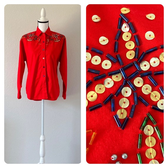 1990s Red Country Western Shirt, Vintage Sequined Cow… - Gem