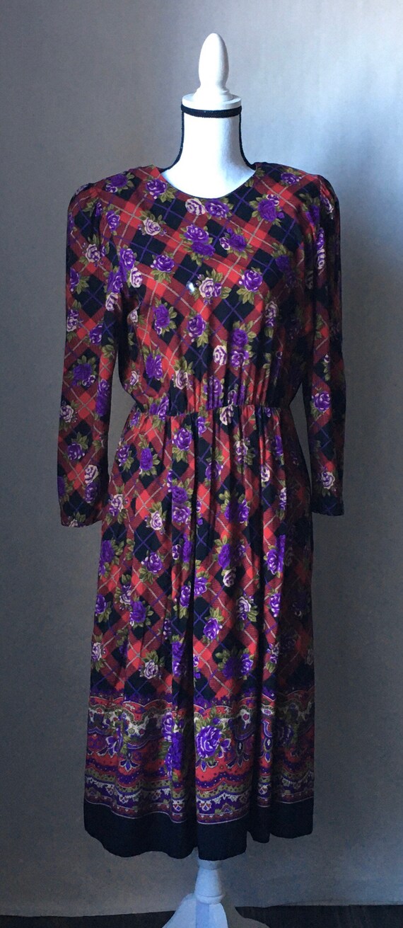 1980s Plaid and Floral Dress, Vintage MIxed Pattern D… - Gem