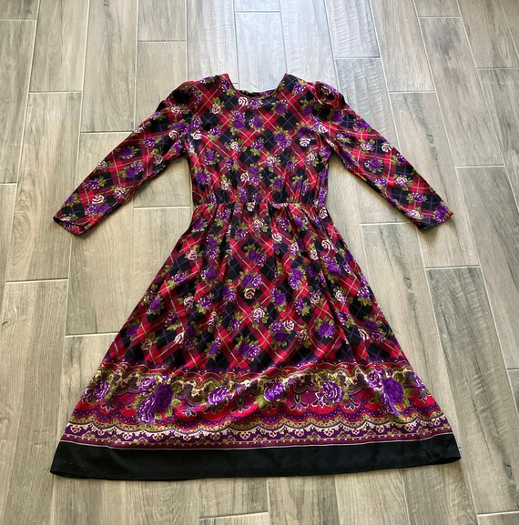 1980s Plaid and Floral Dress, Vintage MIxed Pattern D… - Gem
