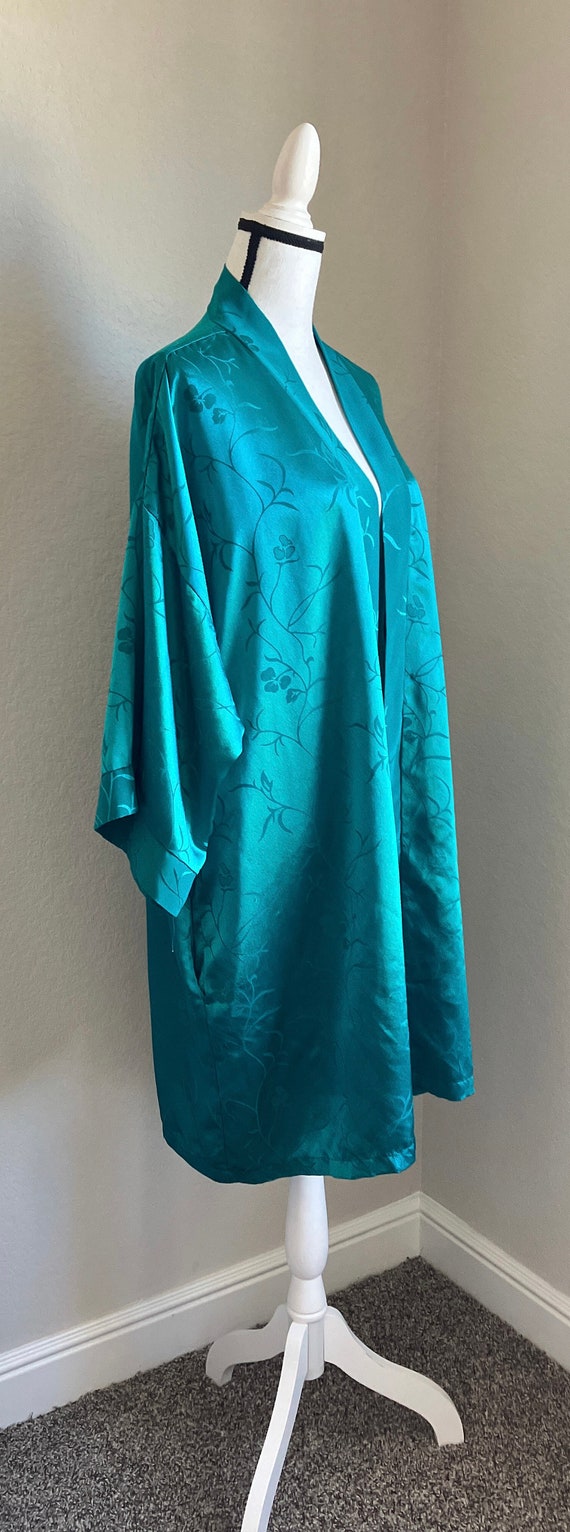 1990s Floral Satin Robe, Vintage Teal Kimono Robe - Gem