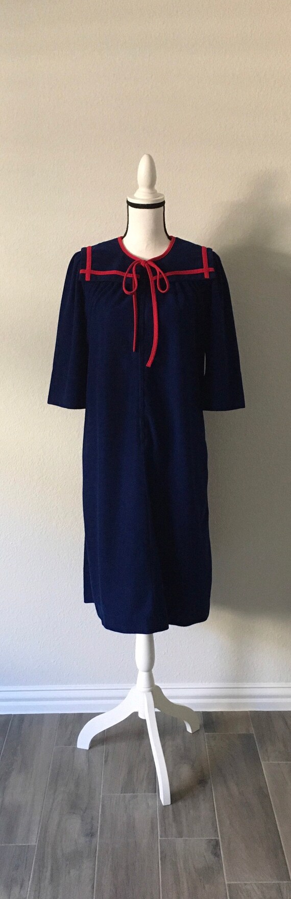 1970s Navy Velour Robe, Vintage Sailor Style Robe - Gem