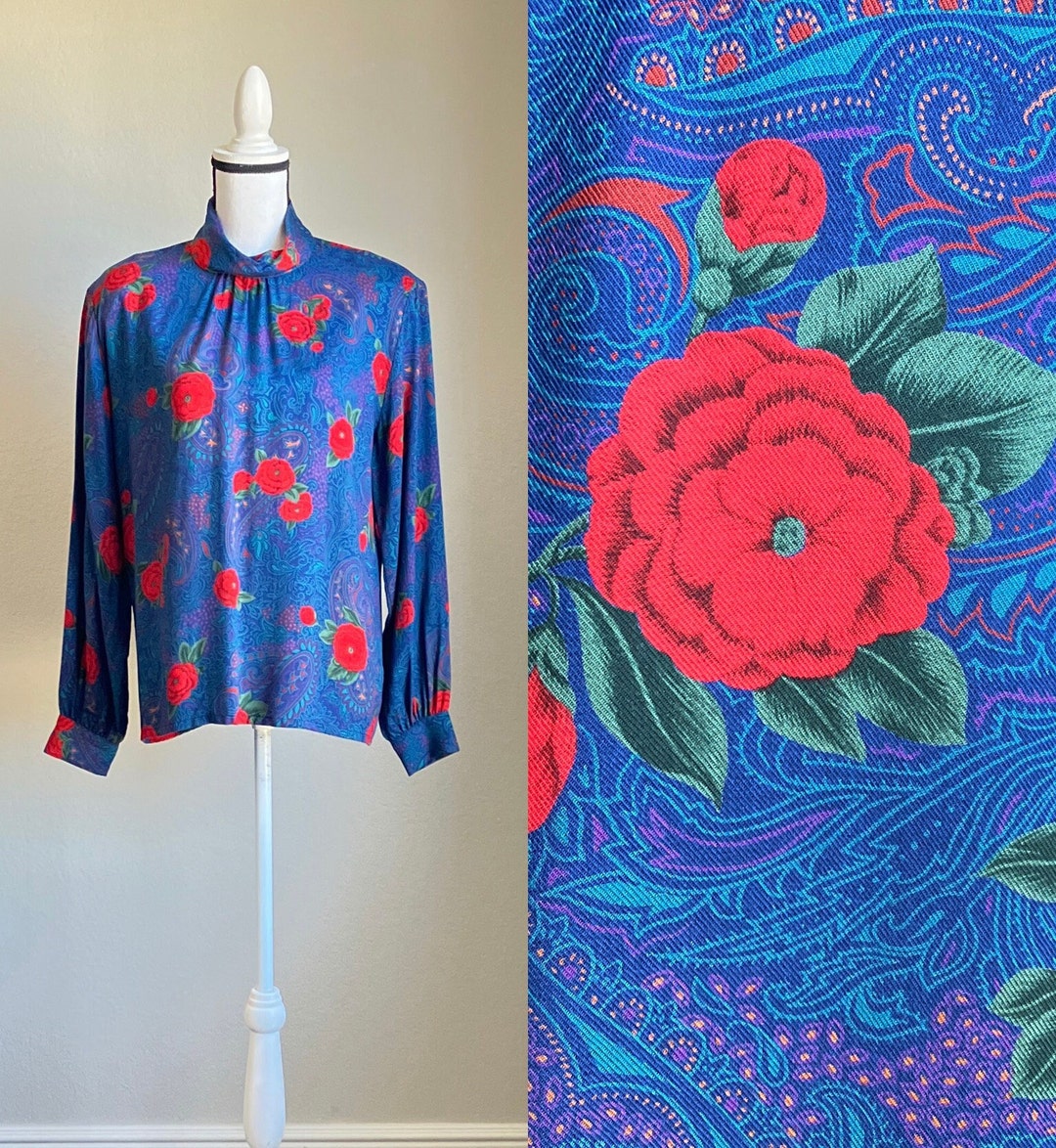 1980s Rose Print Blouse, Vintage Paisley High Neck Blouse - Etsy
