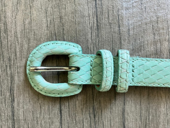 1980s Mint Green Leather Belt, Vintage Faux Snakeskin… - Gem