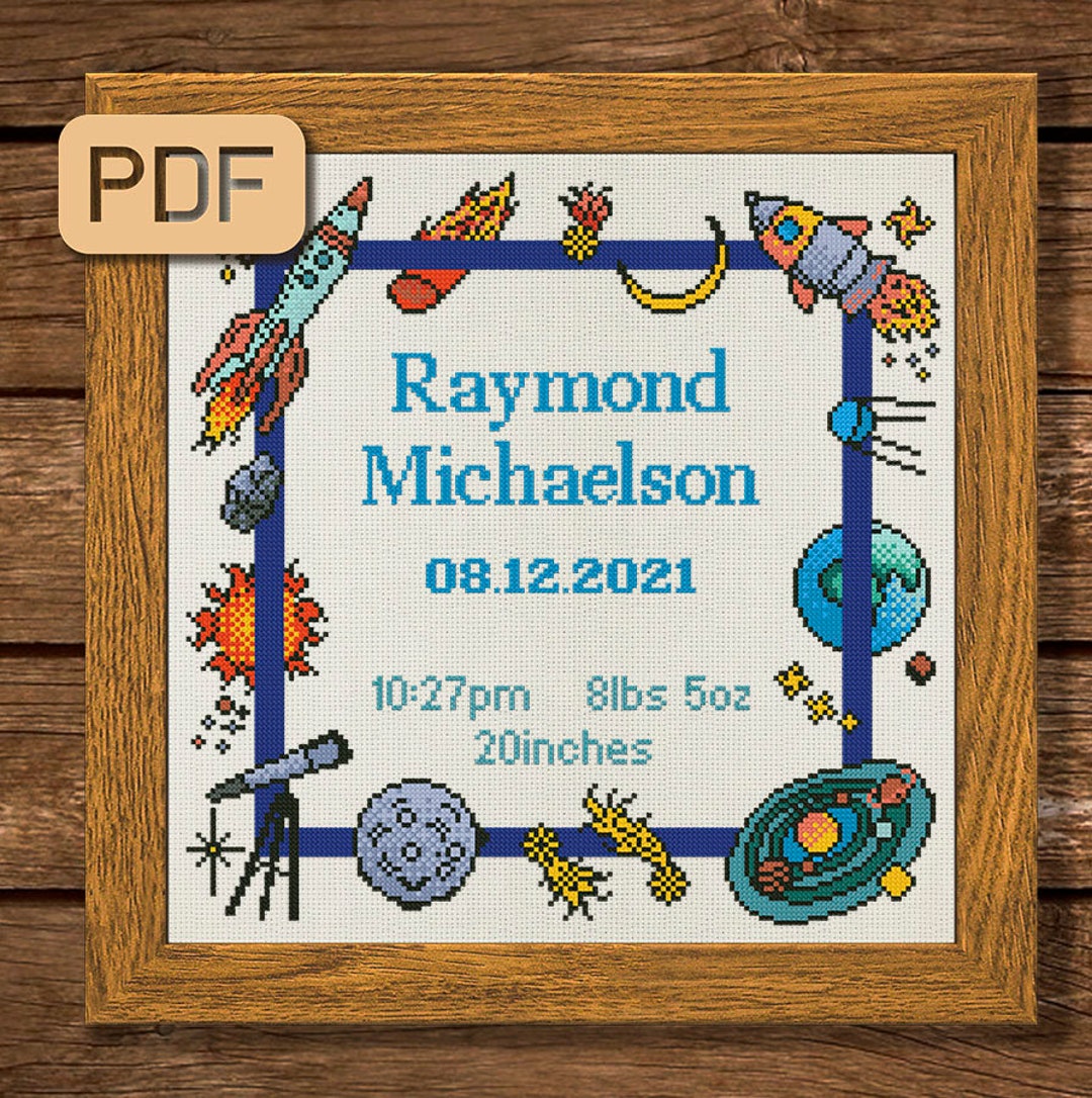 Birth Announcement Cross Stitch Pattern, Space Themed Cross Stitch PDF ...