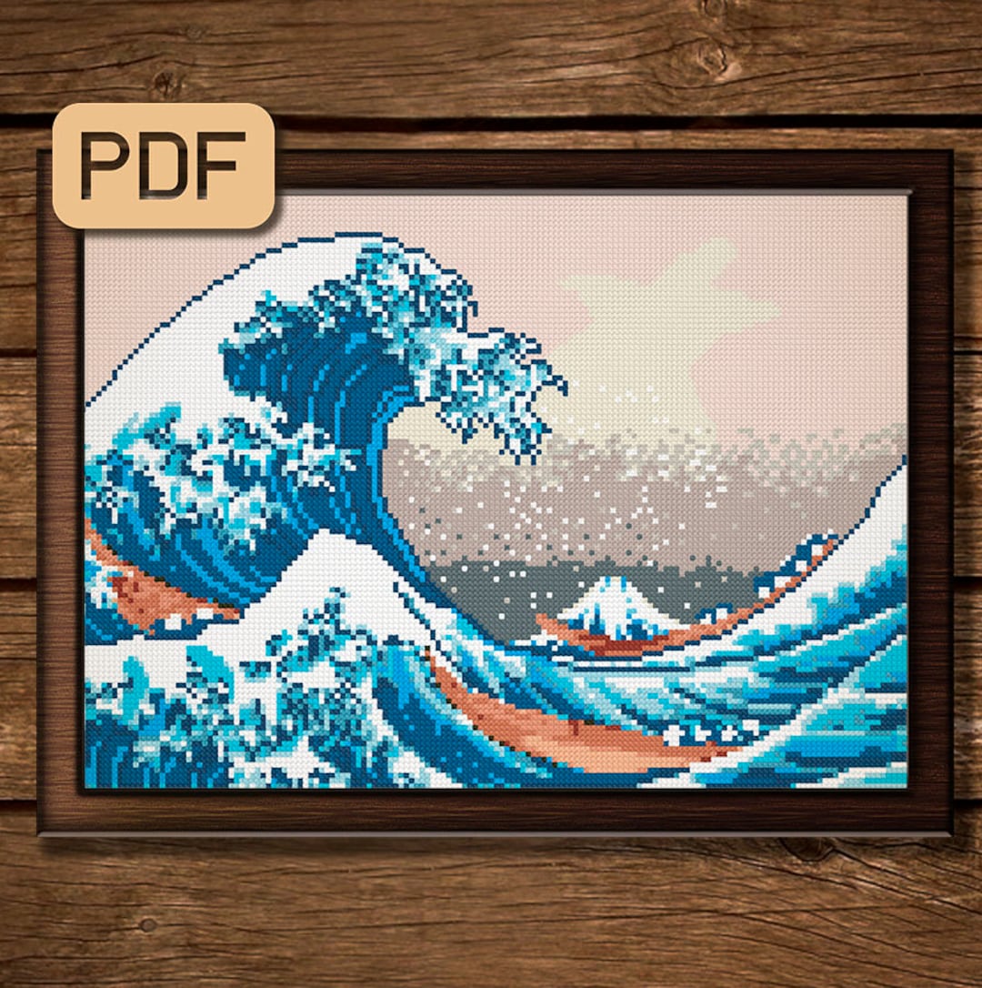 The Great Wave Cross Stitch Pattern, Painting Cross Stitch Art, Hokusai ...